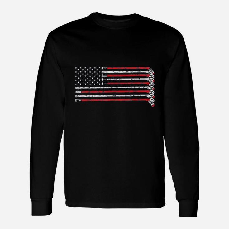 Hockey Stick Usa Flag Faded Hockey Player Long Sleeve T-Shirt - Seseable