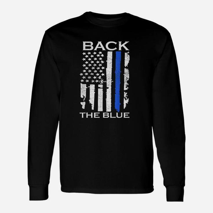 Thin Blue Line Back The Blue American Flag Long Sleeve T-Shirt - Seseable