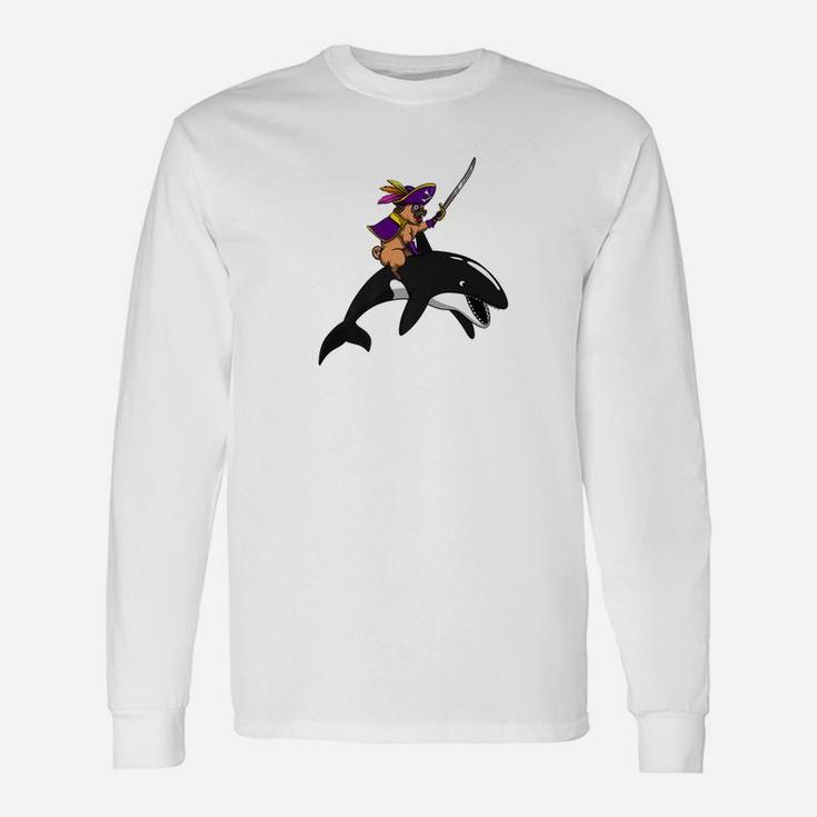 Pug Dog Pirate Riding Cute Orca Killer Whale Long Sleeve T-Shirt - Seseable
