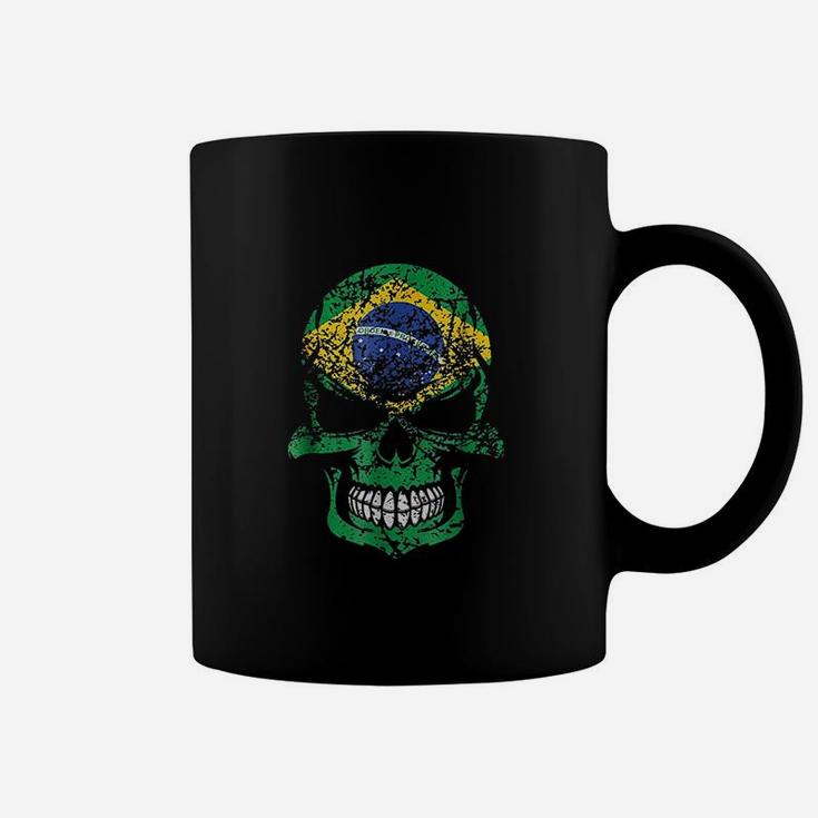 Brazilian Flag Skull Brazil Skull Distressed Coffee Mug | Seseable