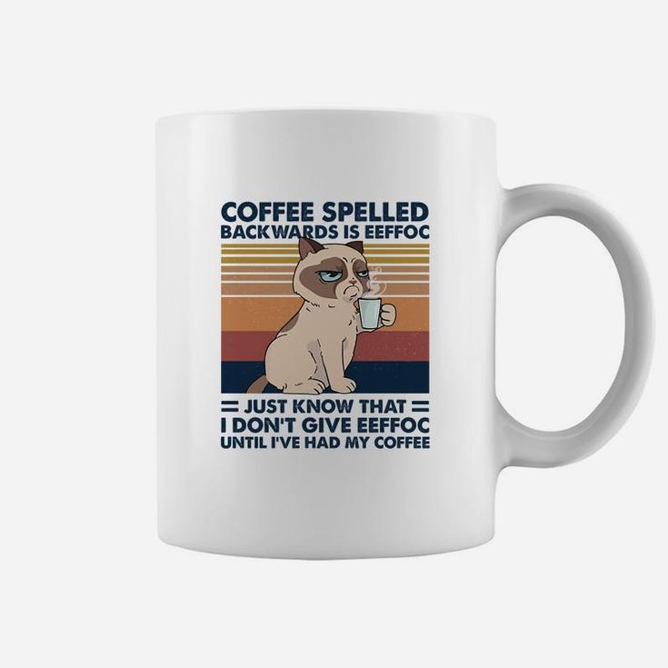 Coffee Spelled Backwards Is Eeffoc Accent Cat Lover Gift Grumpy White ...