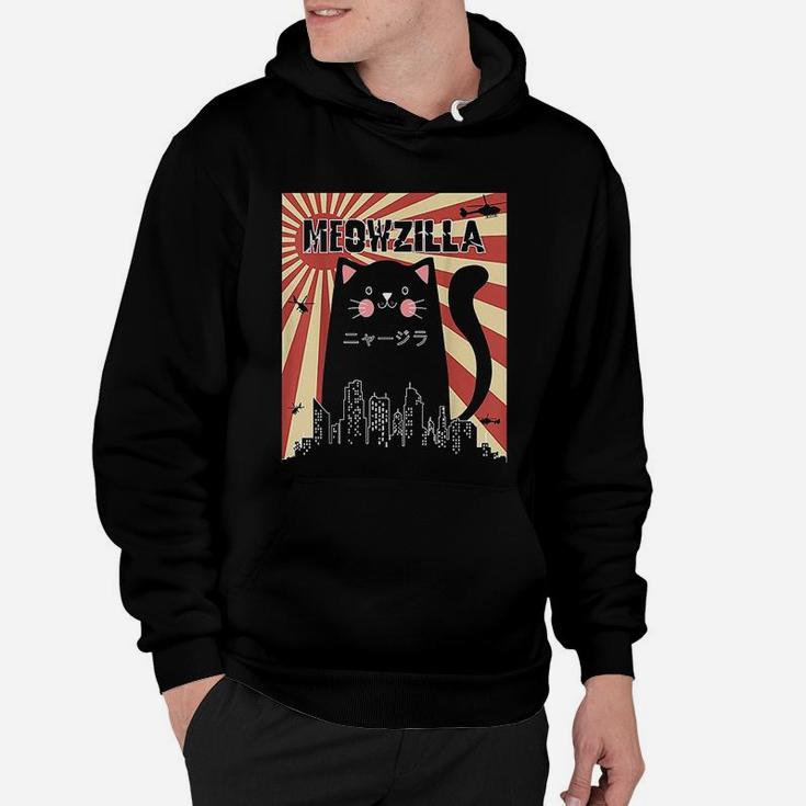 Meowzilla Cat Kitten Japanese Anime Sunset Vintage Retro Hoodie - Seseable