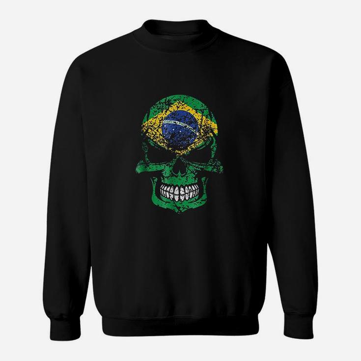 Brazilian Flag Skull Brazil Skull Distressed Sweatshirt | Seseable