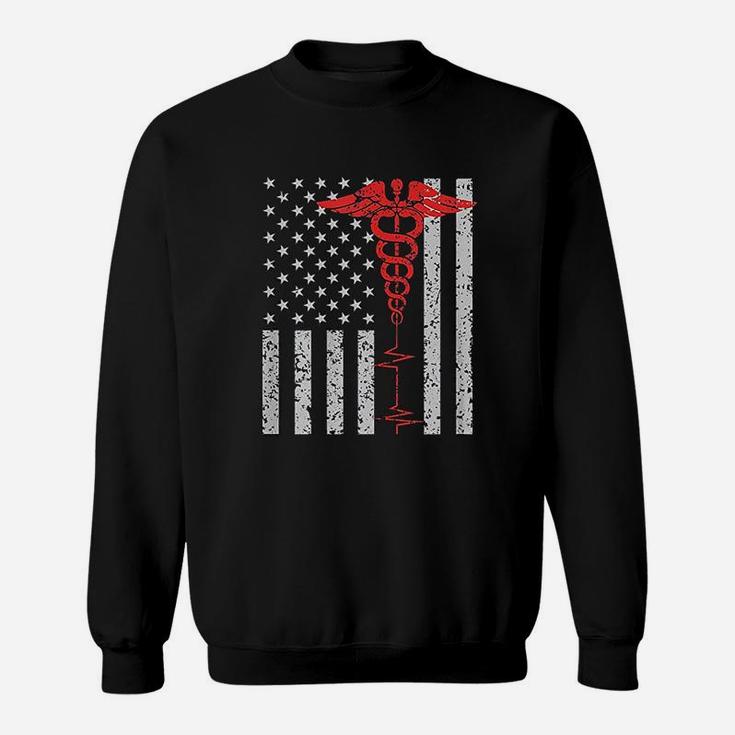 Nurse Thin Red Line Caduceus American Flag Sweat Shirt - Seseable