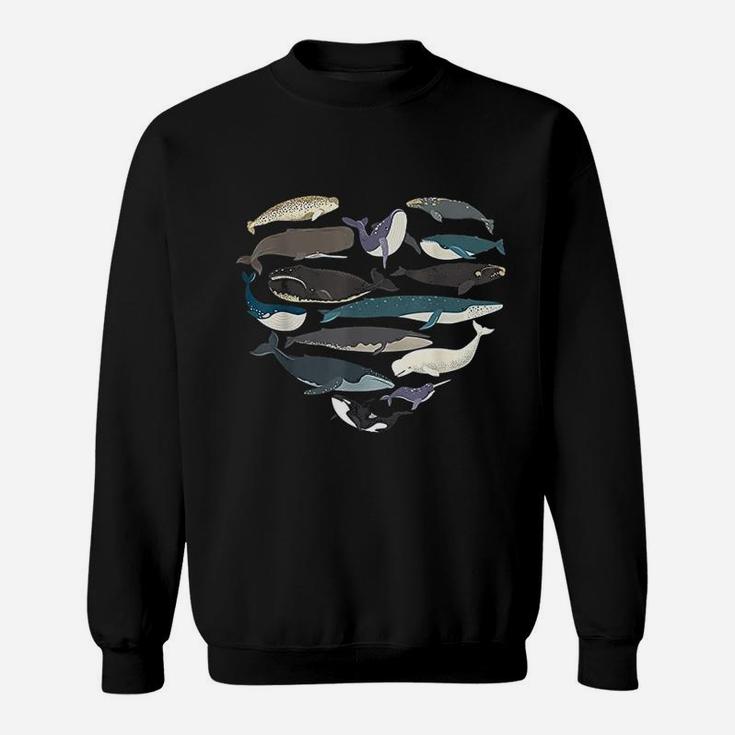 Whales Heart Shape Cute Ocean Mammals Whale Breeds Species Sweat Shirt ...