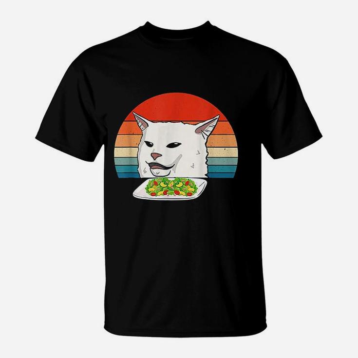 Angry Women Yelling At Confused Cat At Dinner Table Meme T-Shirt | Seseable