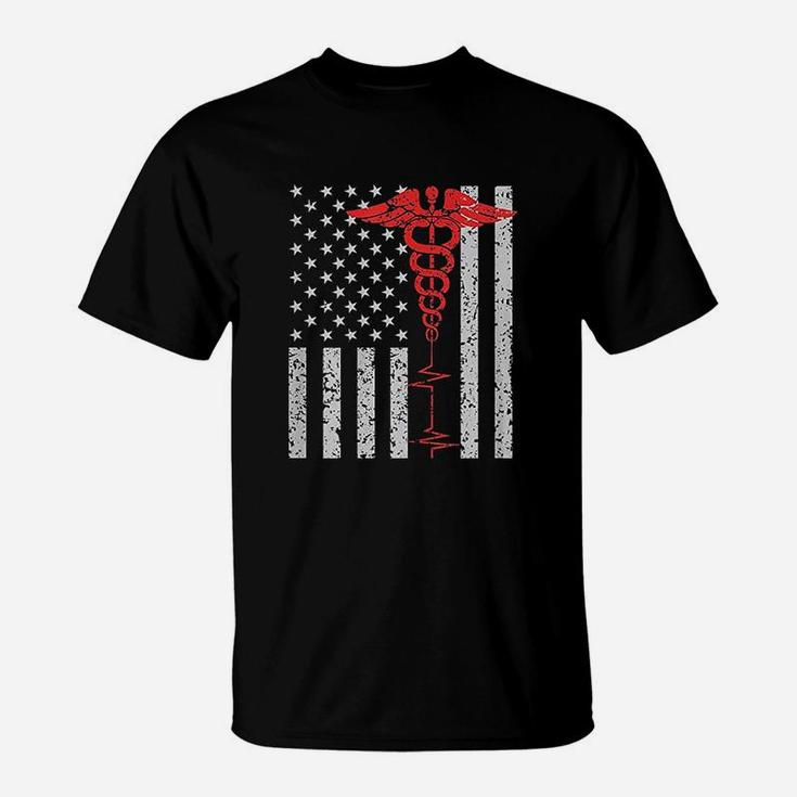 Nurse For Women Thin Red Line Caduceus American Flag T-Shirt - Seseable