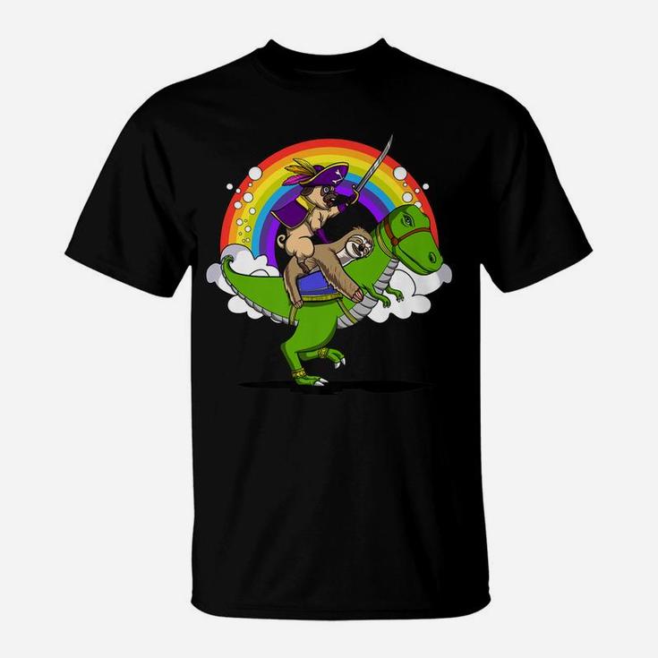 Pug Dog On Sloth Riding Trex Dinosaur Rainbow Funny T-Shirt - Seseable
